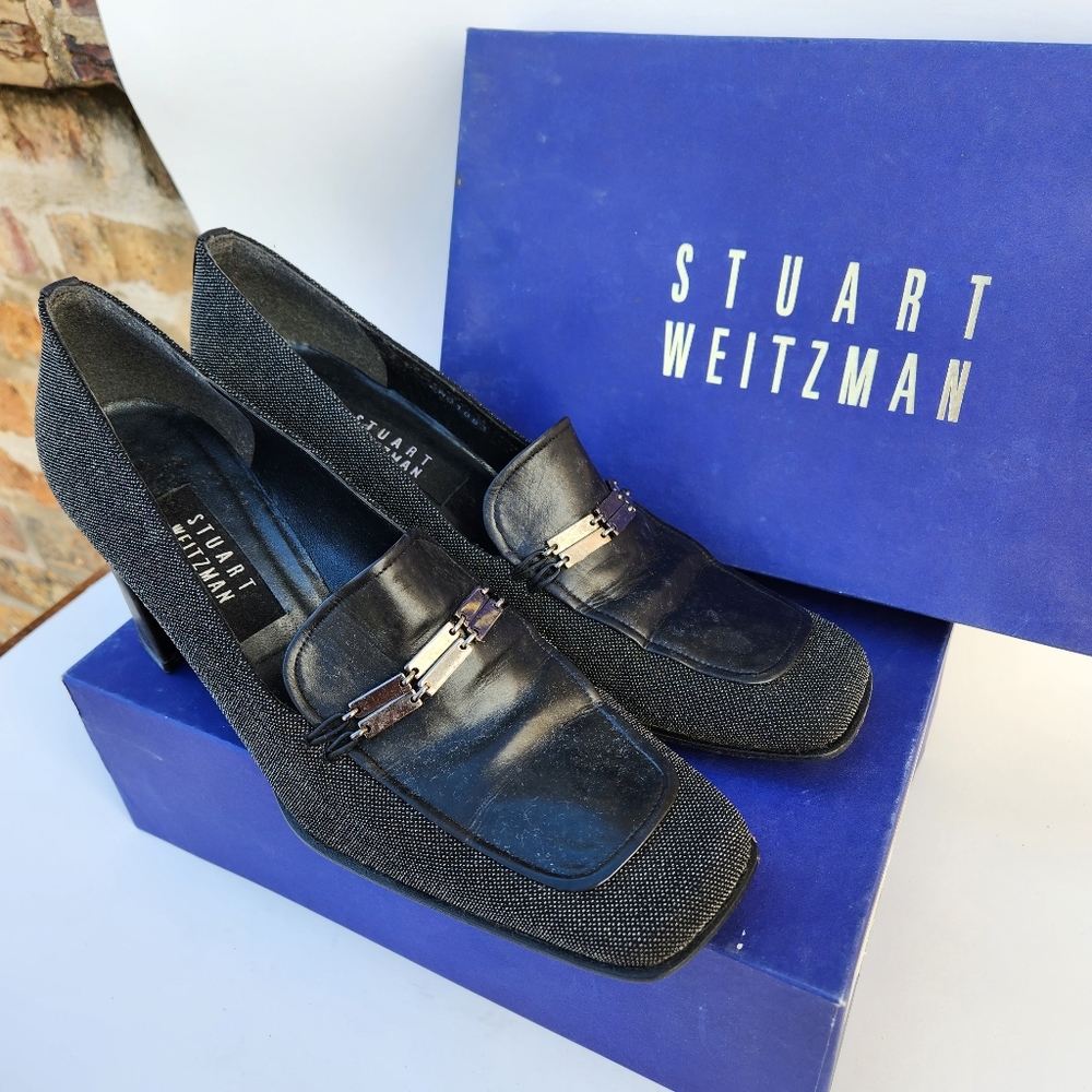 Stuart Weitzman Vintage '90s Tweed & Leather Block He… - Gem